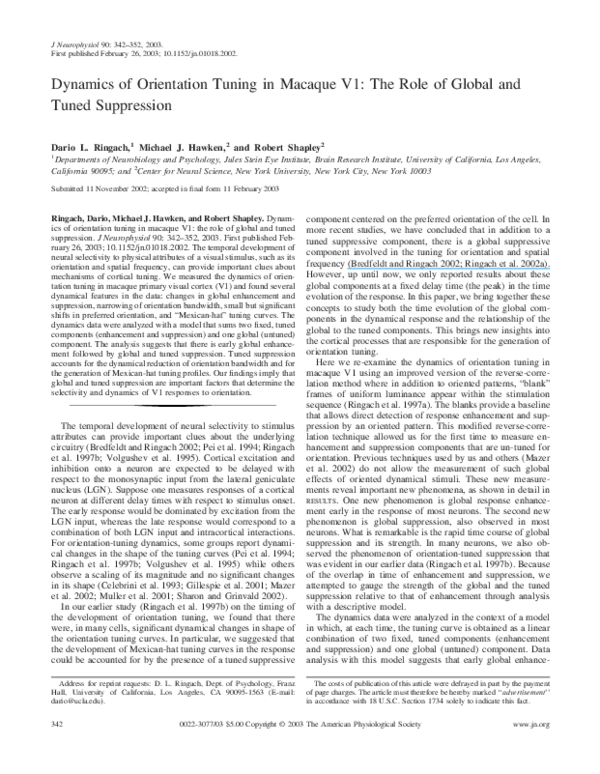 (PDF) Dynamics of Orientation Tuning in Macaque V1: The Role of Global and Tuned Suppression