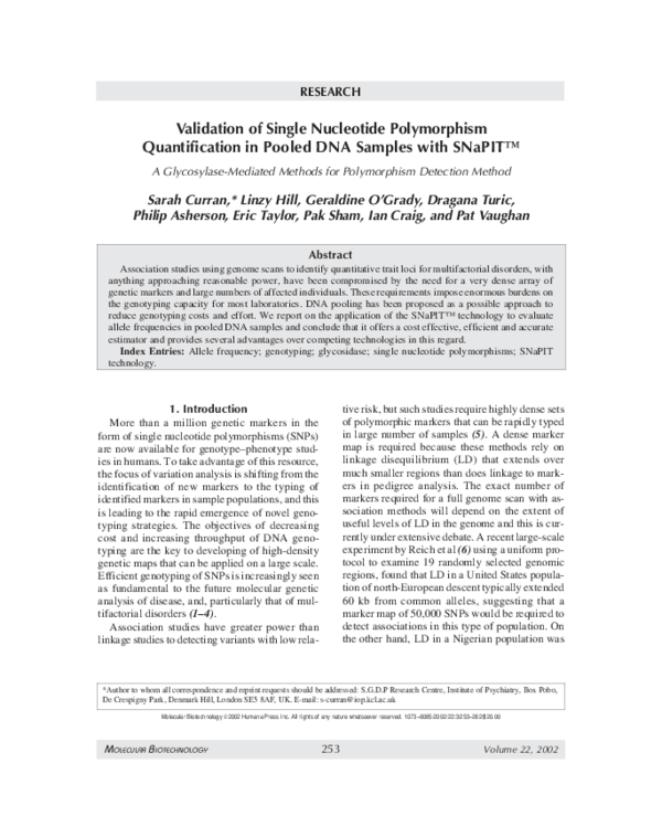 Pdf Validation Of Single Nucleotide Polymorphism Quantification In Pooled Dna Samples With Snapit™