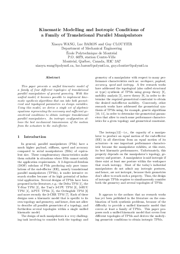 (PDF) Kinematic Modelling and Isotropic Conditions of a Family of Translational Parallel ...