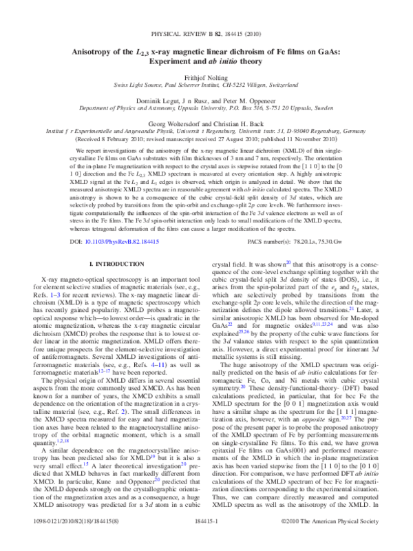 (PDF) Anisotropy of the L_{2,3} x-ray magnetic linear dichroism of Fe films on GaAs: Experiment ...