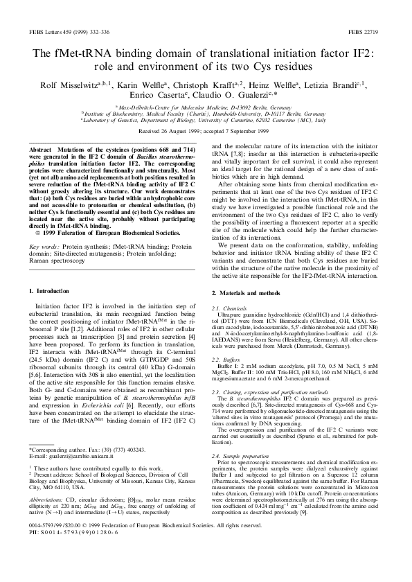 (PDF) The fMet-tRNA binding domain of translational initiation factor ...