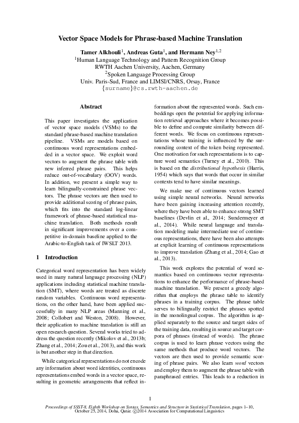 (PDF) Vector Space Models for Phrase-based Machine Translation