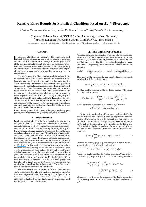 Pdf Relative Error Bounds For Statistical Classifiers Based On The F Divergence