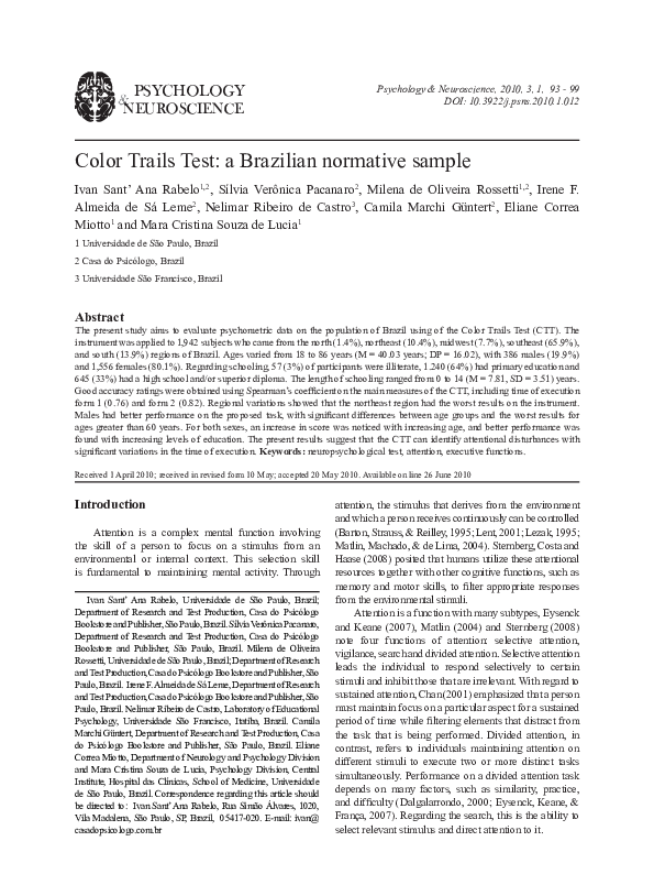 (PDF) Color Trails Test: a Brazilian normative sample