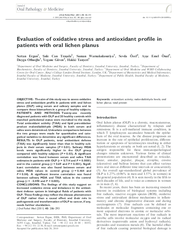 (PDF) Evaluation of oxidative stress and antioxidant profile in patients with oral lichen planus