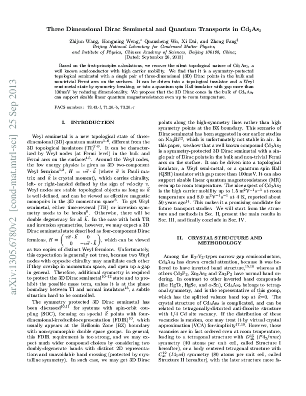 Pdf Three Dimensional Dirac Semimetal And Quantum Transport In Cd {3}as {2}
