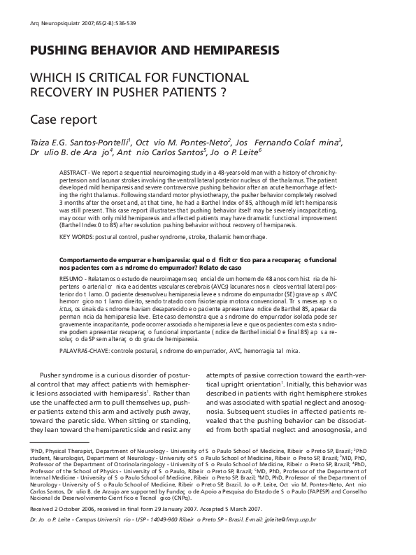 (PDF) Pushing behavior and hemiparesis: which is critical for ...
