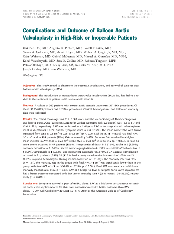 (PDF) Complications and Outcome of Balloon Aortic Valvuloplasty in High-Risk or Inoperable Patients