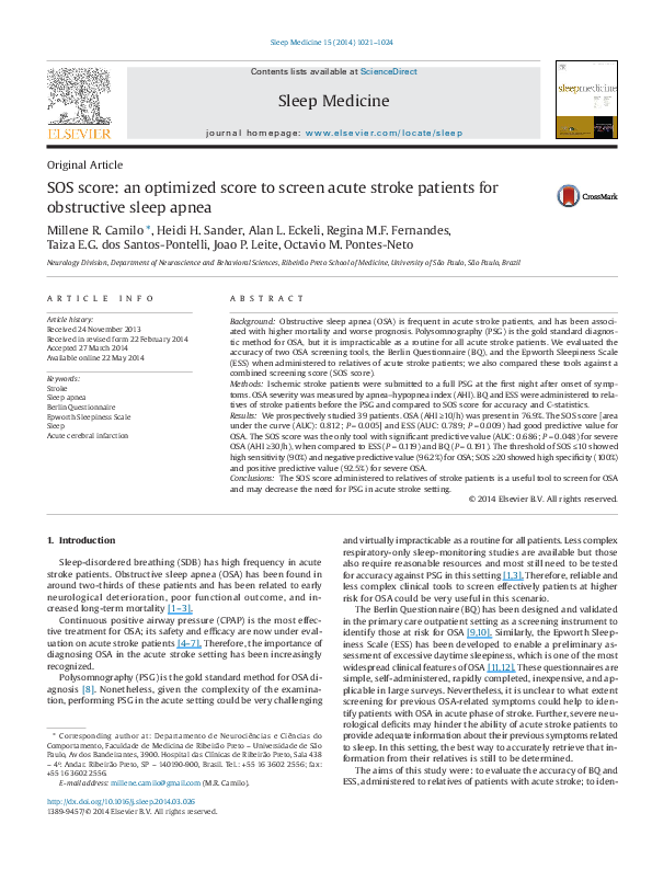 (PDF) SOS score: An optimized score to screen acute stroke patients for ...