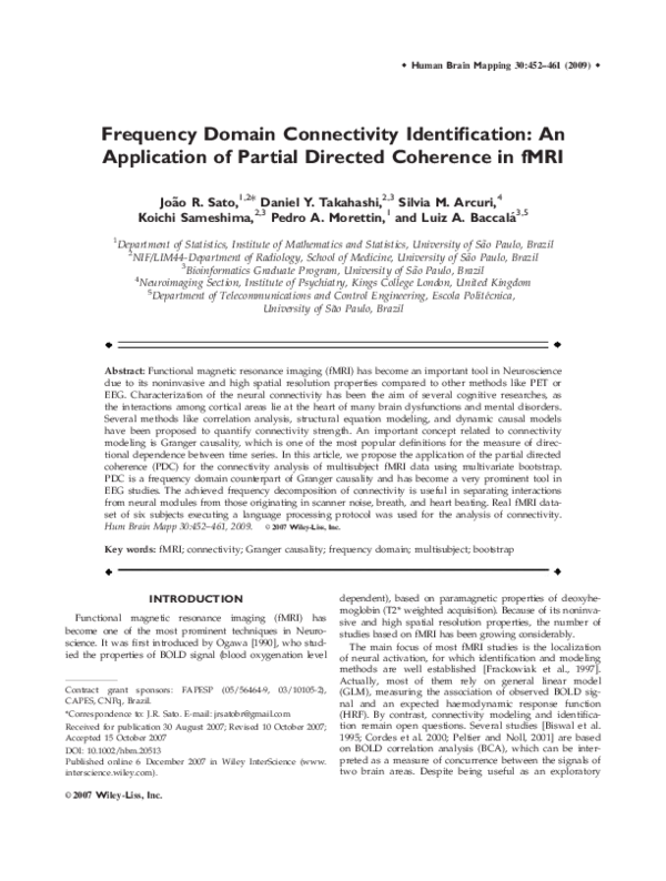 (PDF) Frequency domain connectivity identification: An application of partial directed coherence ...