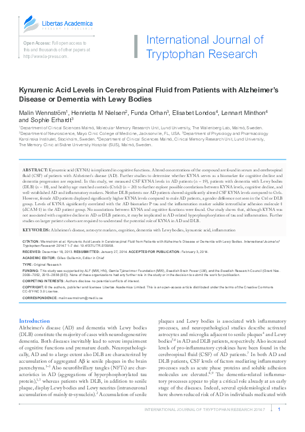 (PDF) Kynurenic Acid levels in cerebrospinal fluid from patients with Alzheimer's disease or ...