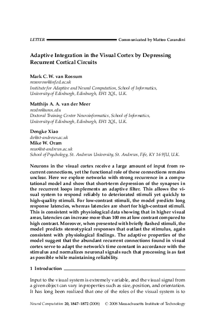 (PDF) Adaptive Integration in the Visual Cortex by Depressing Recurrent Cortical Circuits