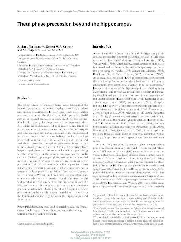 (PDF) Theta phase precession beyond the hippocampus