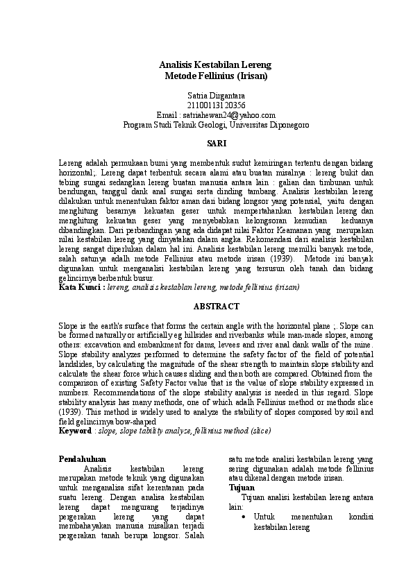 (DOC) Analisis Kestabilan Lereng Metode Fellinius (Irisan