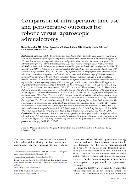 (PDF) Comparison of intraoperative time use and perioperative outcomes for robotic versus ...