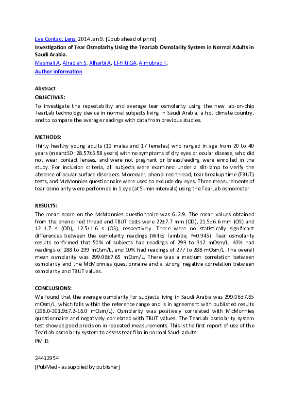 (PDF) Investigation of Tear Osmolarity Using the TearLab Osmolarity ...