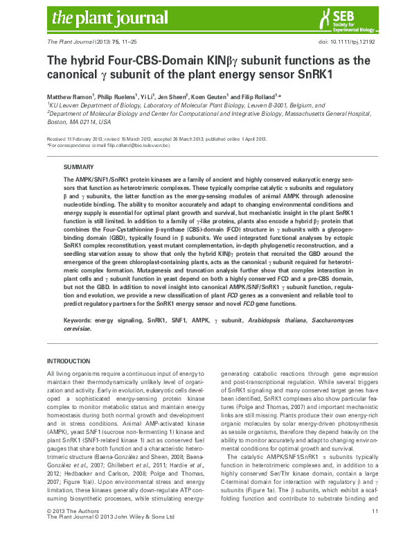 (PDF) The hybrid Four‐CBS‐Domain KINβγ subunit functions as the ...