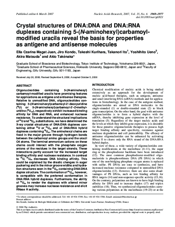 (PDF) Crystal structures of DNA:DNA and DNA:RNA duplexes containing 5 ...