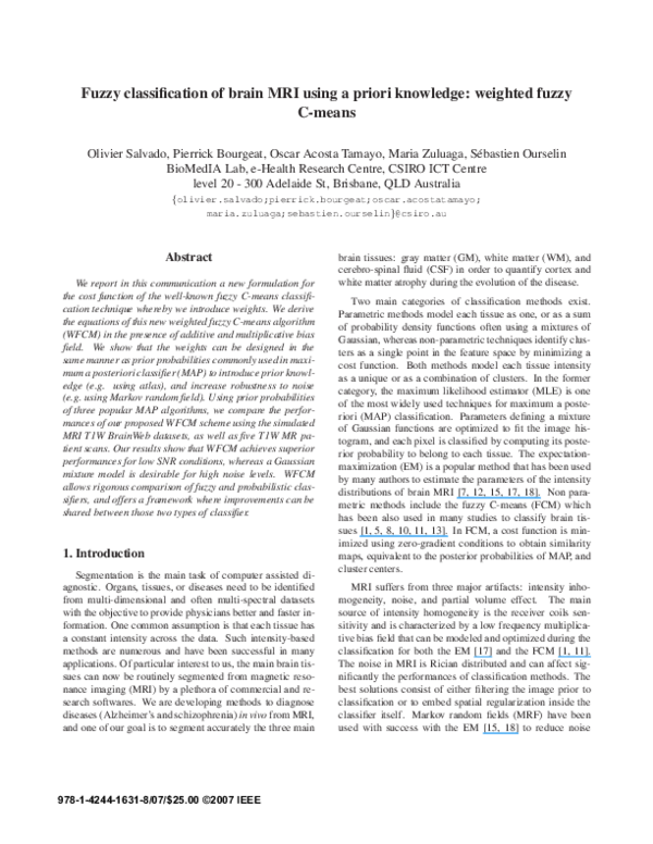 (PDF) Fuzzy classificationof brain MRI using a priori knowledge: weighted fuzzy C-means