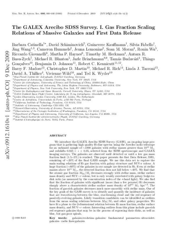 (PDF) The GALEX Arecibo SDSS Survey - I. Gas fraction scaling relations ...
