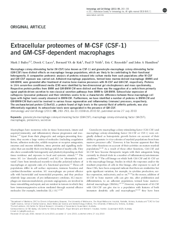 (PDF) Extracellular proteomes of M-CSF (CSF1) and GM-CSFdependent macrophages