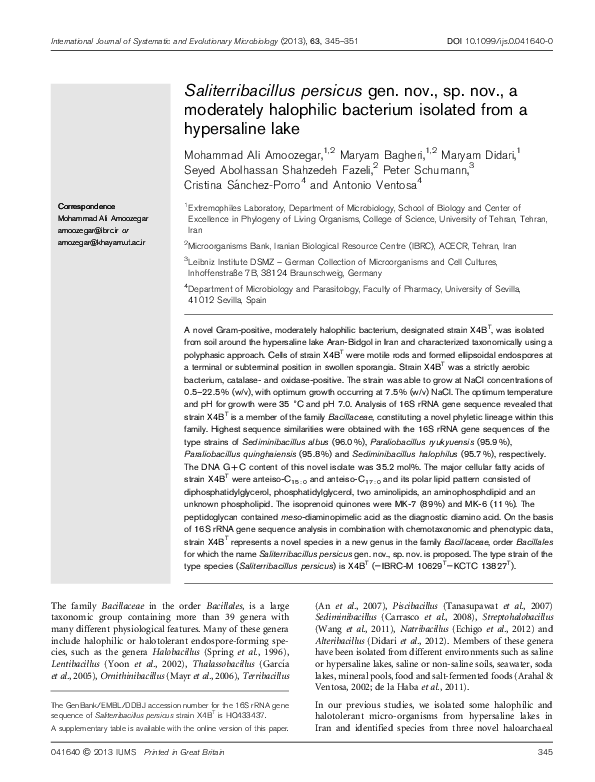 (PDF) Saliterribacillus persicus gen. nov., sp. nov., a moderately halophilic bacterium isolated ...