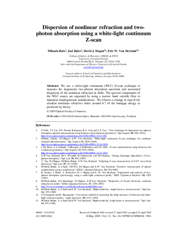 (PDF) Dispersion of nonlinear refraction and two-photon absorption using a white-light continuum ...