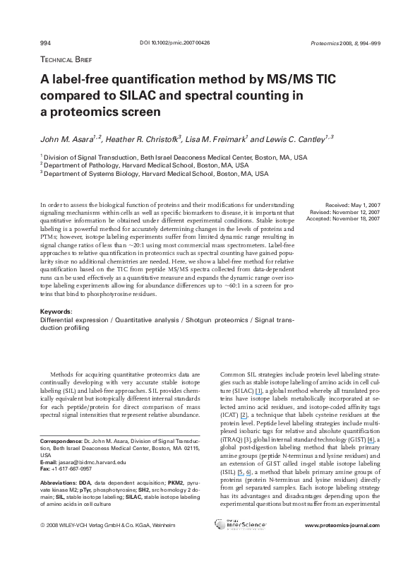(PDF) A label-free quantification method by MS/MS TIC compared to SILAC ...