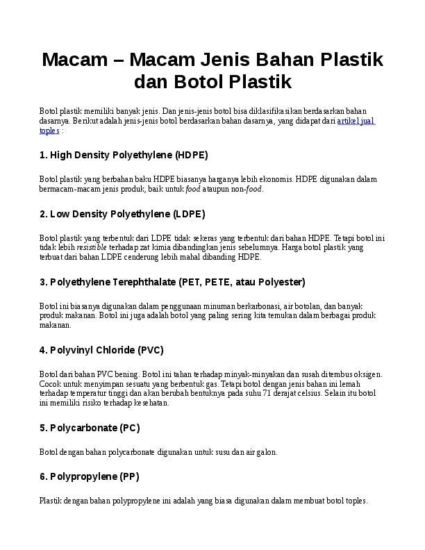 (DOC) Jenis-jenis Botol Plastik