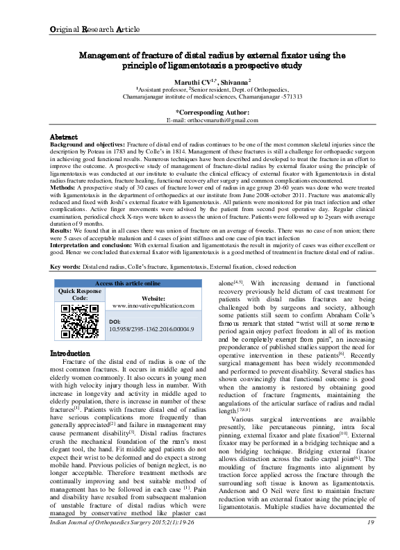 (PDF) Management of fracture of distal radius by external fixator using the principle of ...
