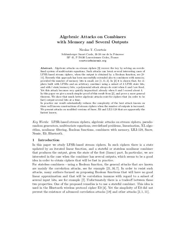 Pdf Algebraic Attacks On Combiners With Memory And Several Outputs
