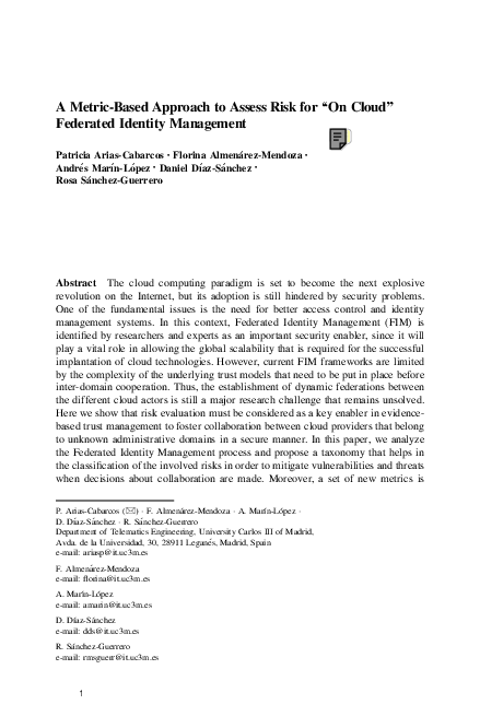 (PDF) A Metric-Based Approach to Assess Risk for “On Cloud” Federated ...