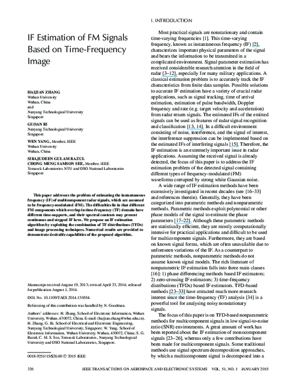 (PDF) IF estimation of FM signals based on time-frequency image