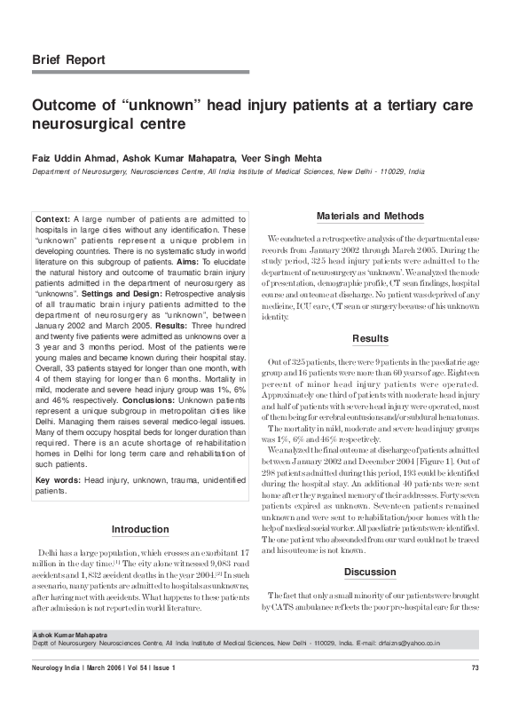 (PDF) Outcome of "unknown" head injury patients at a tertiary care ...