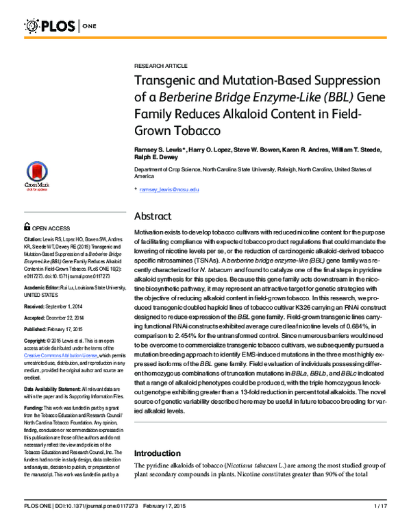 (PDF) Transgenic and Mutation-Based Suppression of a Berberine Bridge ...
