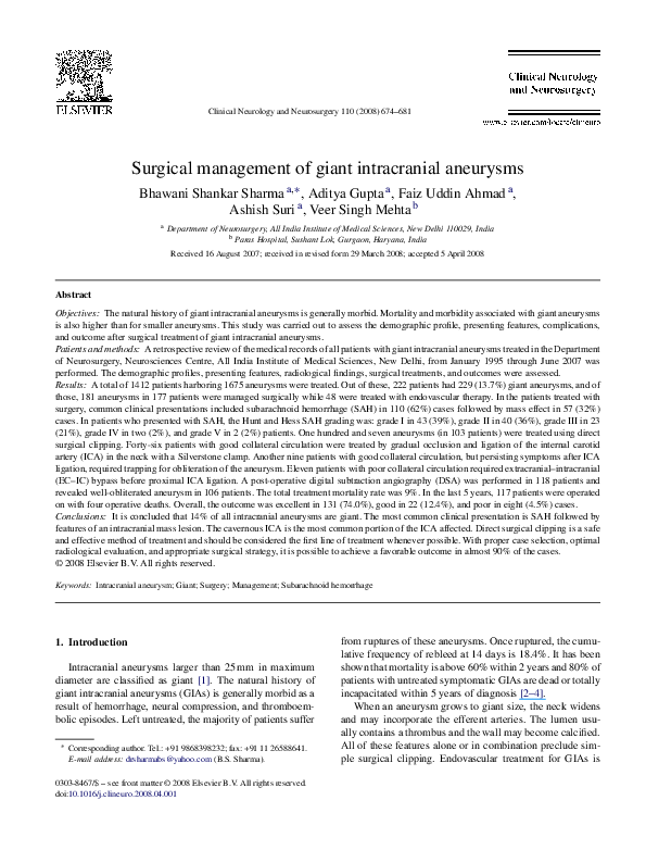 (PDF) Surgical management of giant intracranial aneurysms