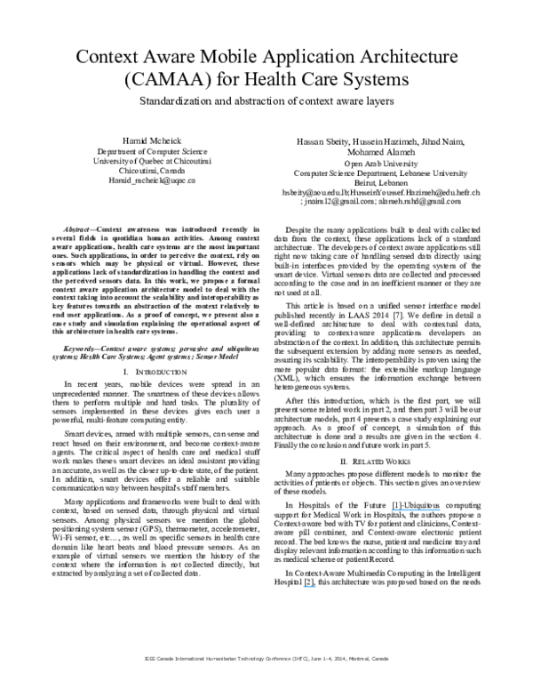 (PDF) Context aware mobile application architecture (CAMAA) for health care systems