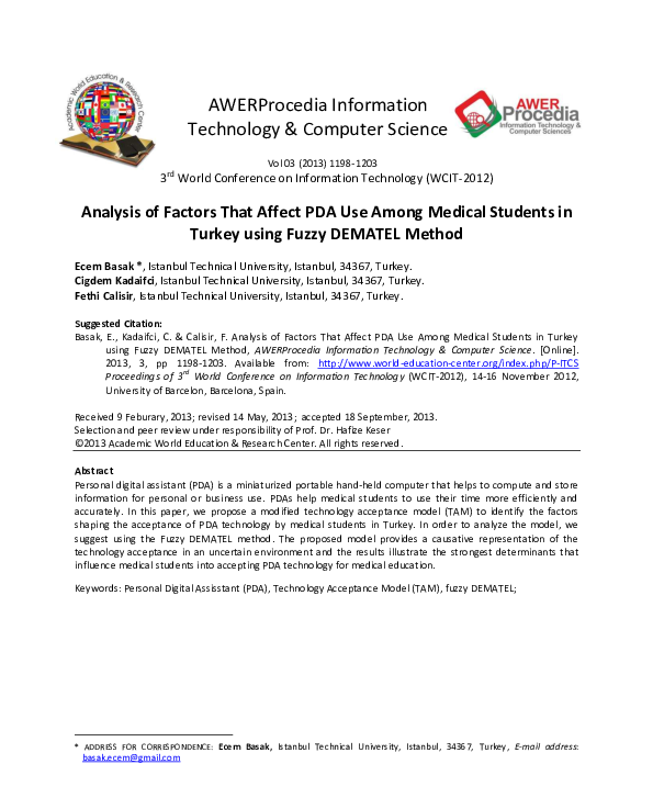 (PDF) Analysis of Factors That Affect PDA Use Among Medical Students in Turkey using Fuzzy ...