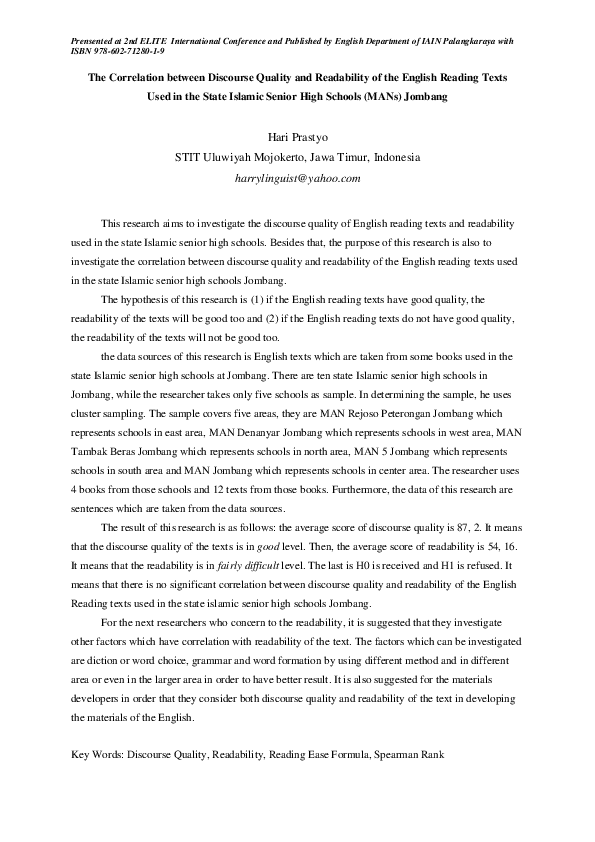 (PDF) The Correlation between Discourse Quality and Readability of the ...