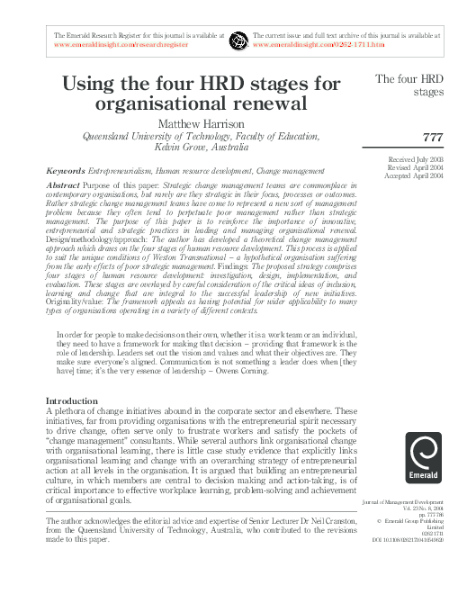 (PDF) Using the four HRD stages for organisational renewal