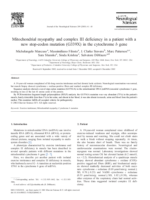 (PDF) Mitochondrial myopathy and complex III deficiency in a patient ...
