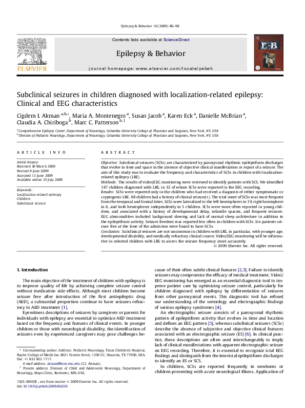 (PDF) Subclinical seizures in children diagnosed with localization ...