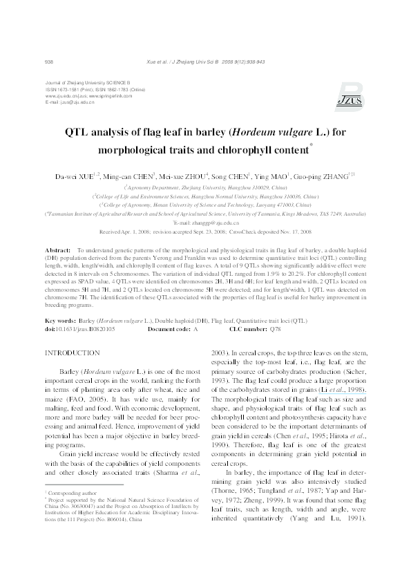 (PDF) QTL analysis of flag leaf in barley (Hordeum vulgare L.) for morphological traits and ...