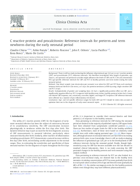(PDF) C reactive protein and procalcitonin: Reference intervals for ...