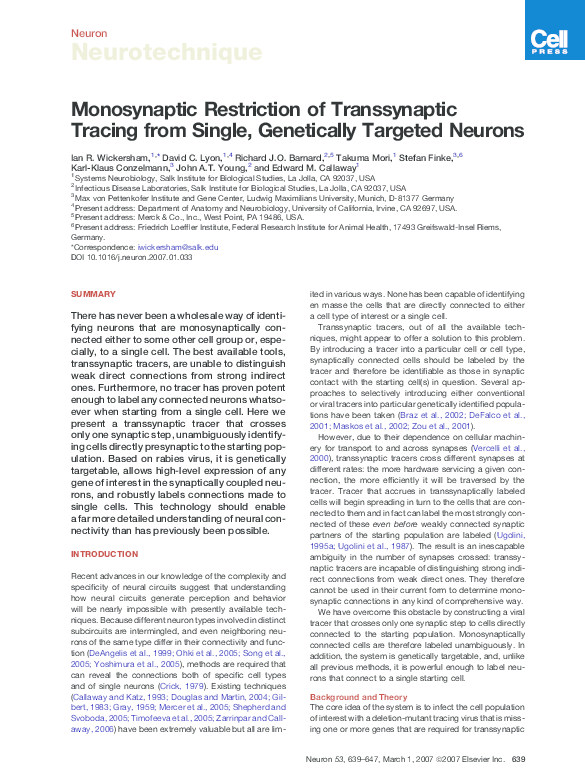 (PDF) Monosynaptic Restriction of Transsynaptic Tracing From Single ...