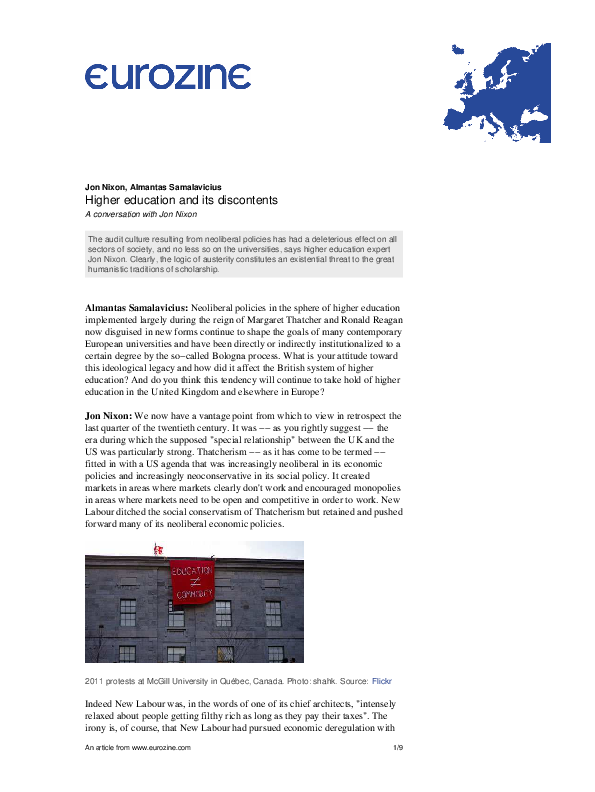 (PDF) Higher Education and its Discontents: Jon Nixon in Conversation ...