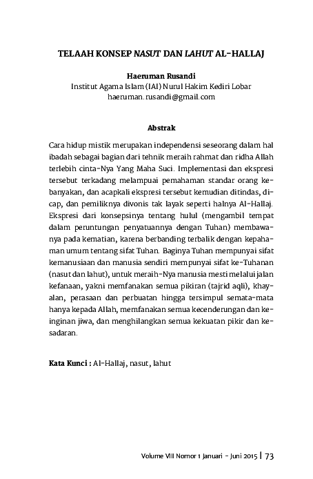 (PDF) TELAAH KONSEP NASUT DAN LAHUT AL-HALLAJ