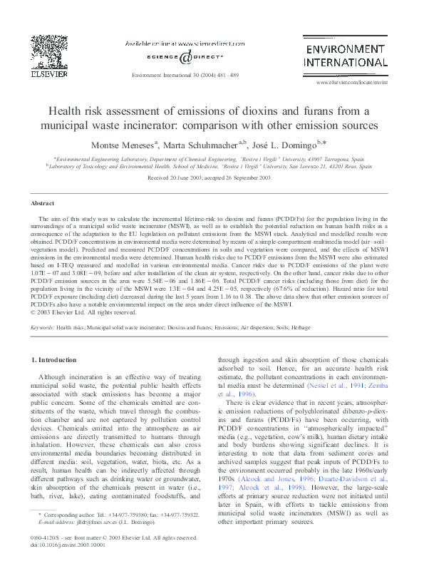 (PDF) Health risk assessment of emissions of dioxins and furans from a municipal waste ...