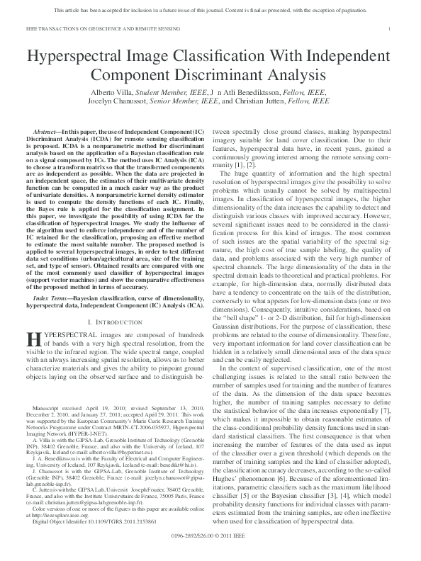 (PDF) Hyperspectral image classification with independent component discriminant analysis