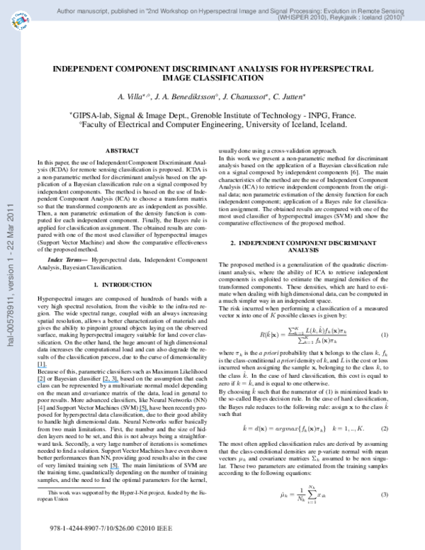 (PDF) Independent component discriminant analysis for hyperspectral image classification